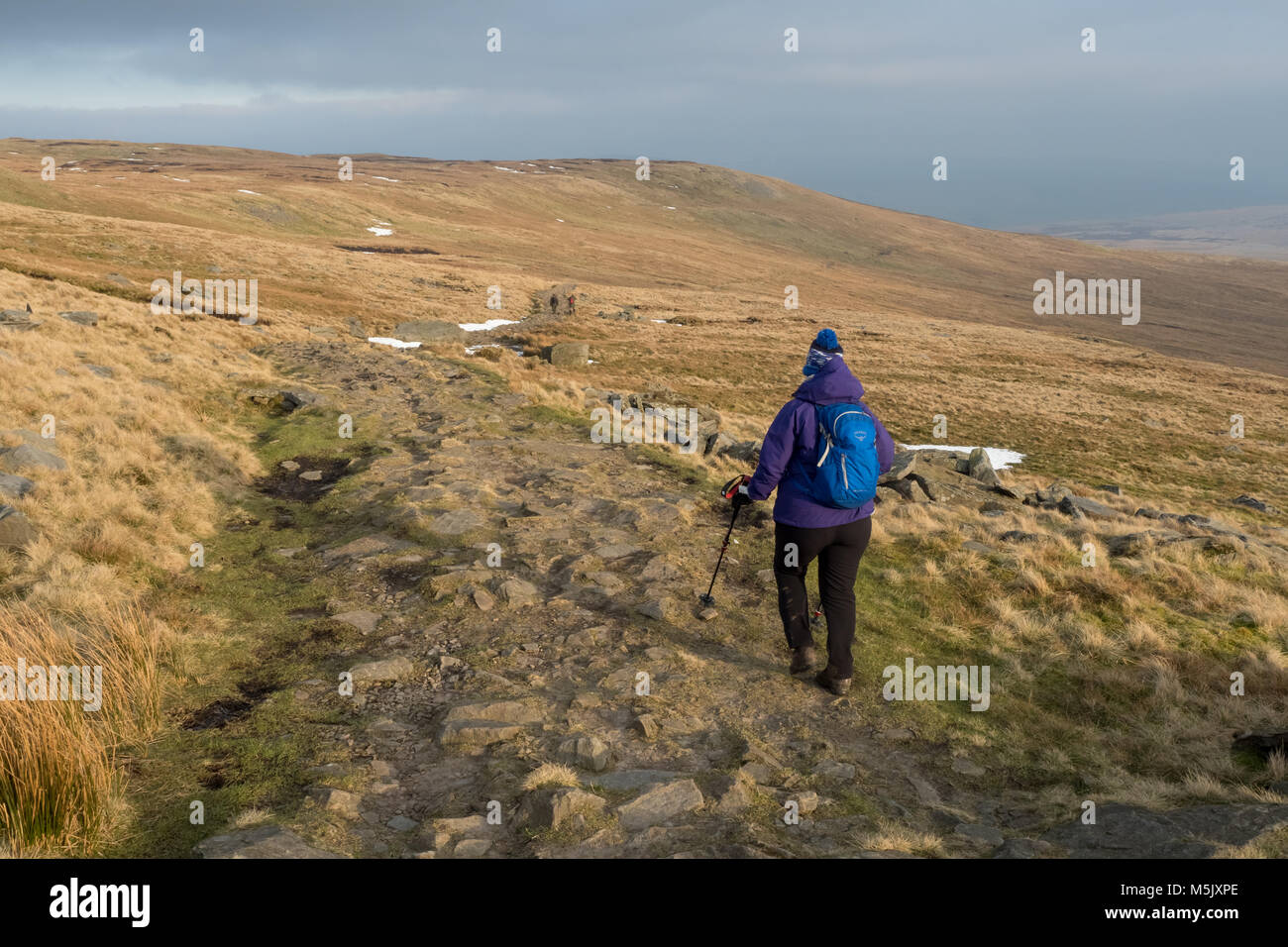 A cold windy winter hill walking on Ingleborough in the Yorkshire Dales ...