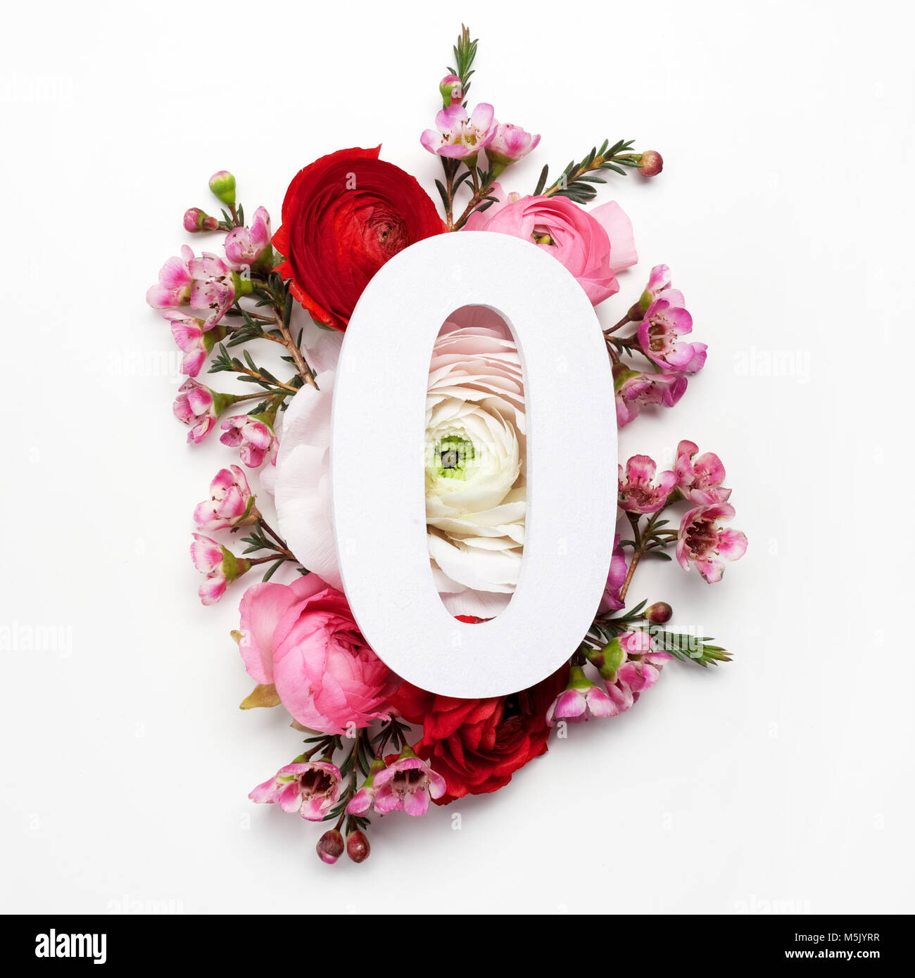 Layout with colorful flowers, leaves and number zero. Flat lay Stock ...