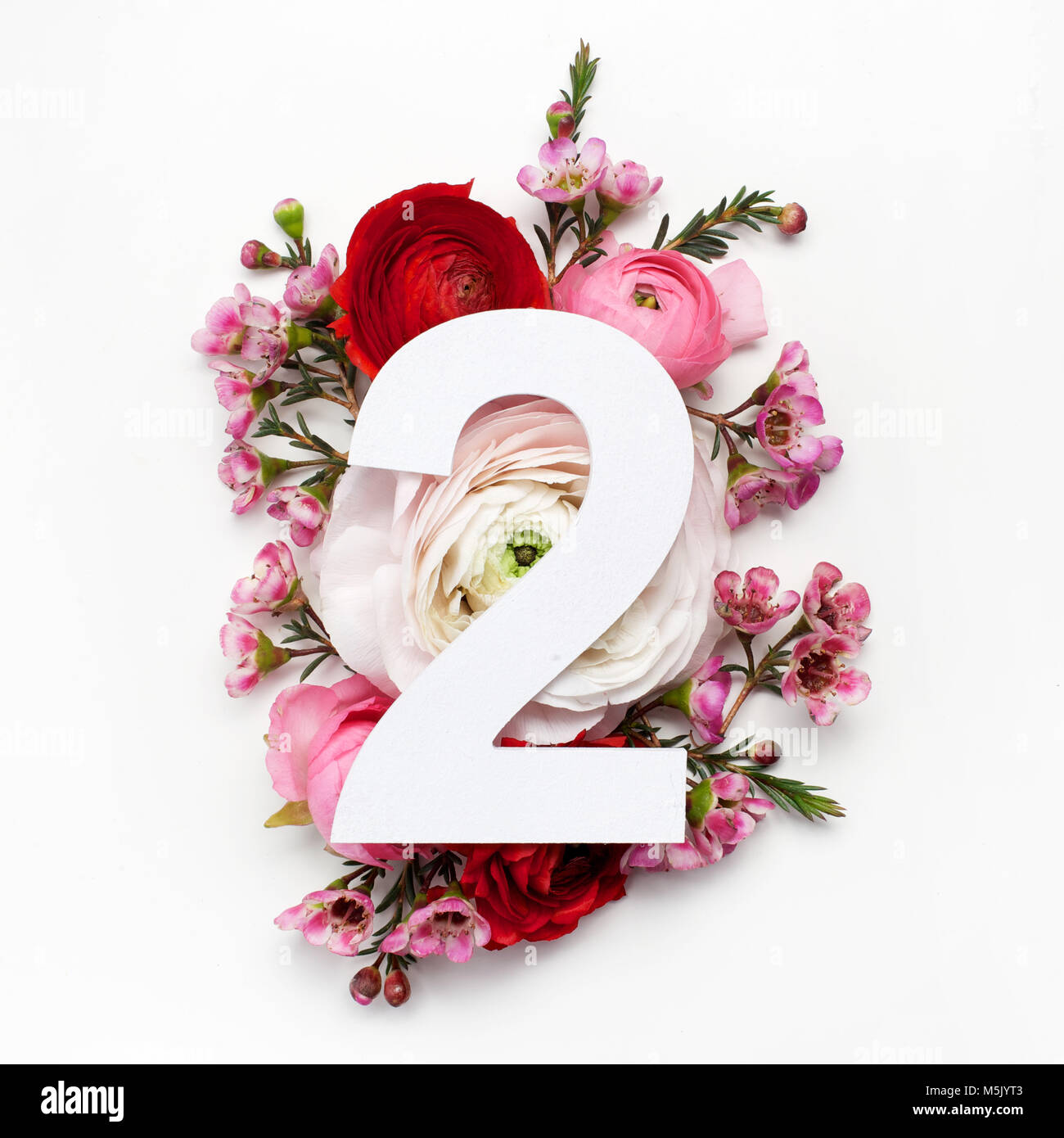 Layout with colorful flowers, leaves and number one. Flat lay Stock ...