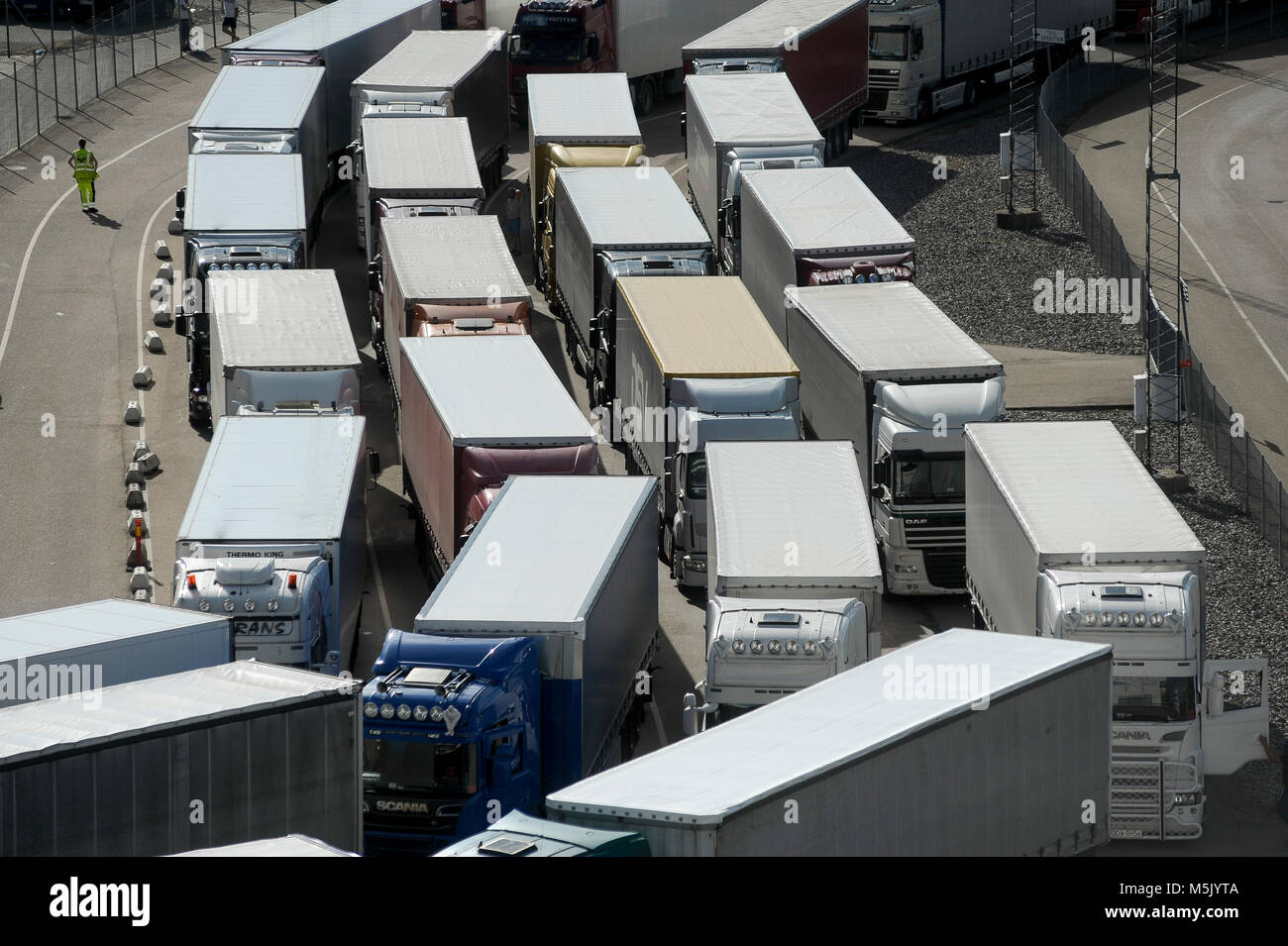 Line of trucks waiting to enter the cruiseferry MS Stena Vision in ...