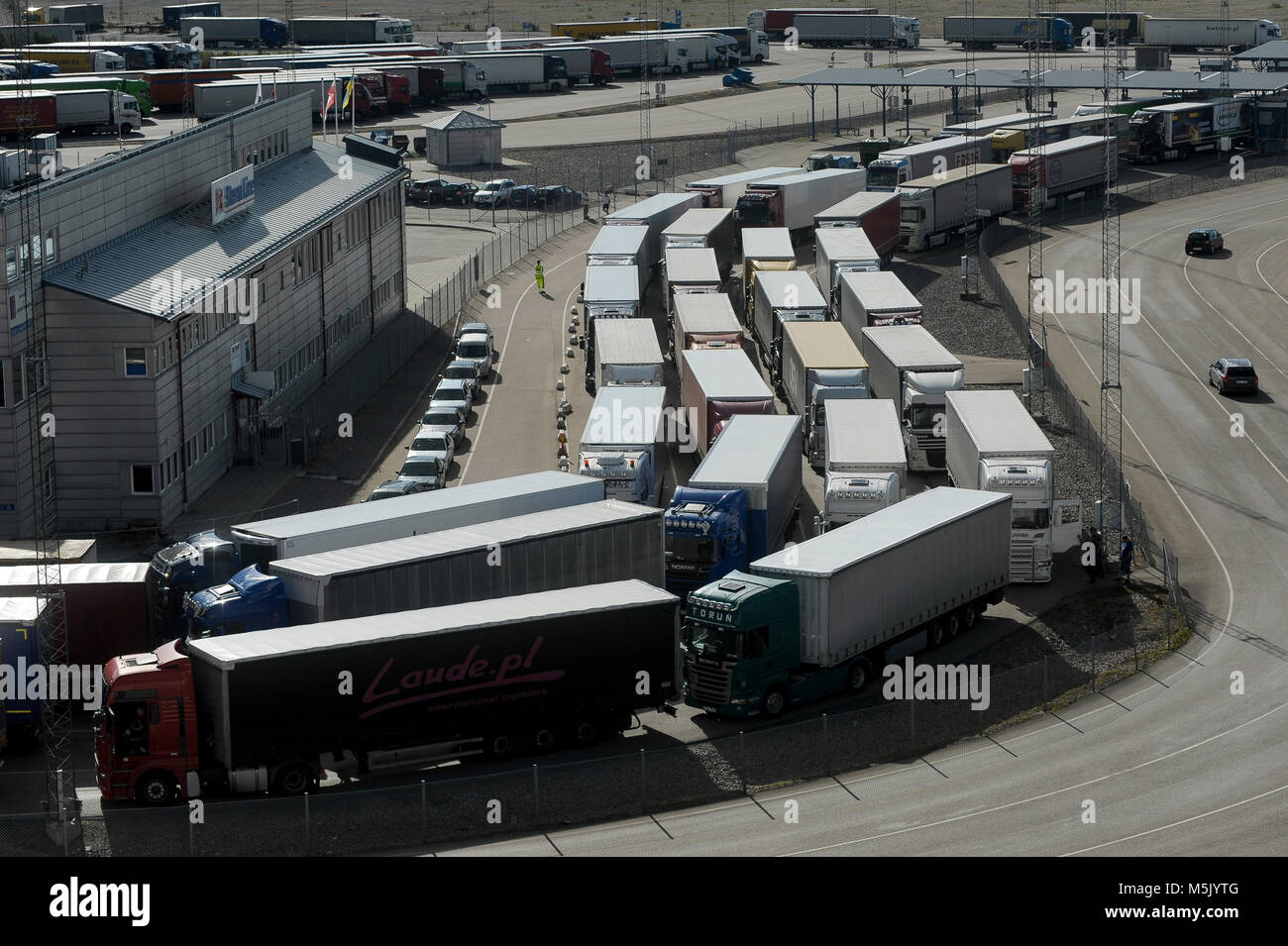 Line of trucks waiting to enter the cruiseferry MS Stena Vision in ...