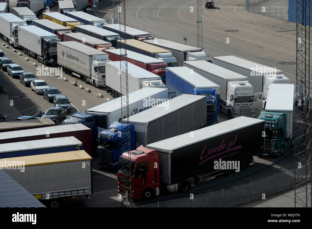 Line of trucks waiting to enter the cruiseferry MS Stena Vision in ...