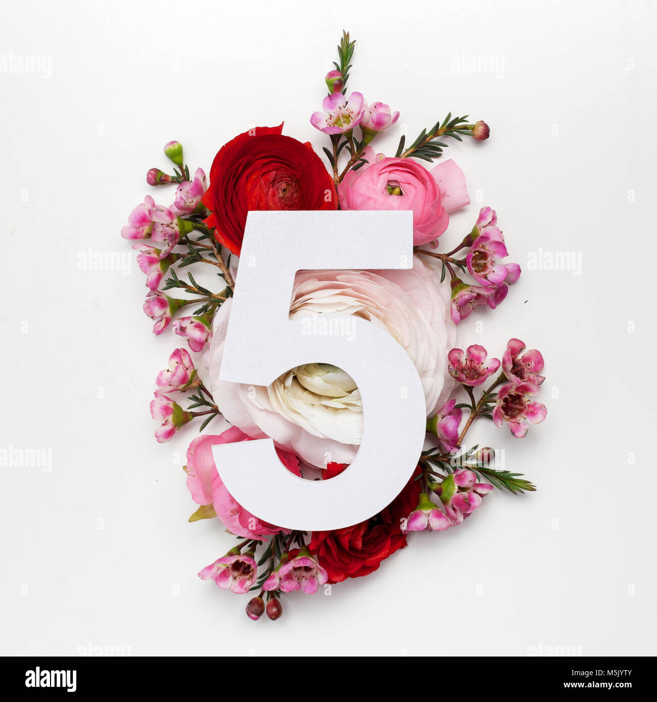 Layout with colorful flowers, leaves and number five. Flat lay Stock ...