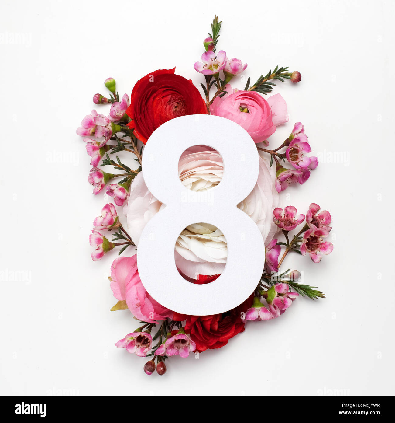 Layout with colorful flowers, leaves and number eight. Flat lay Stock ...