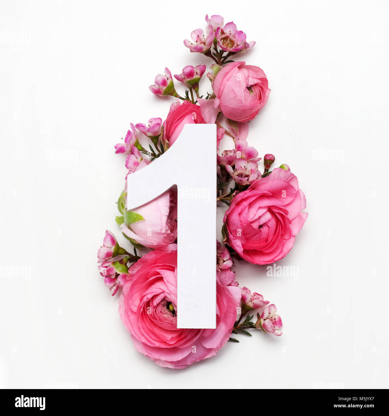 Layout with colorful flowers, leaves and number one. Flat lay Stock ...