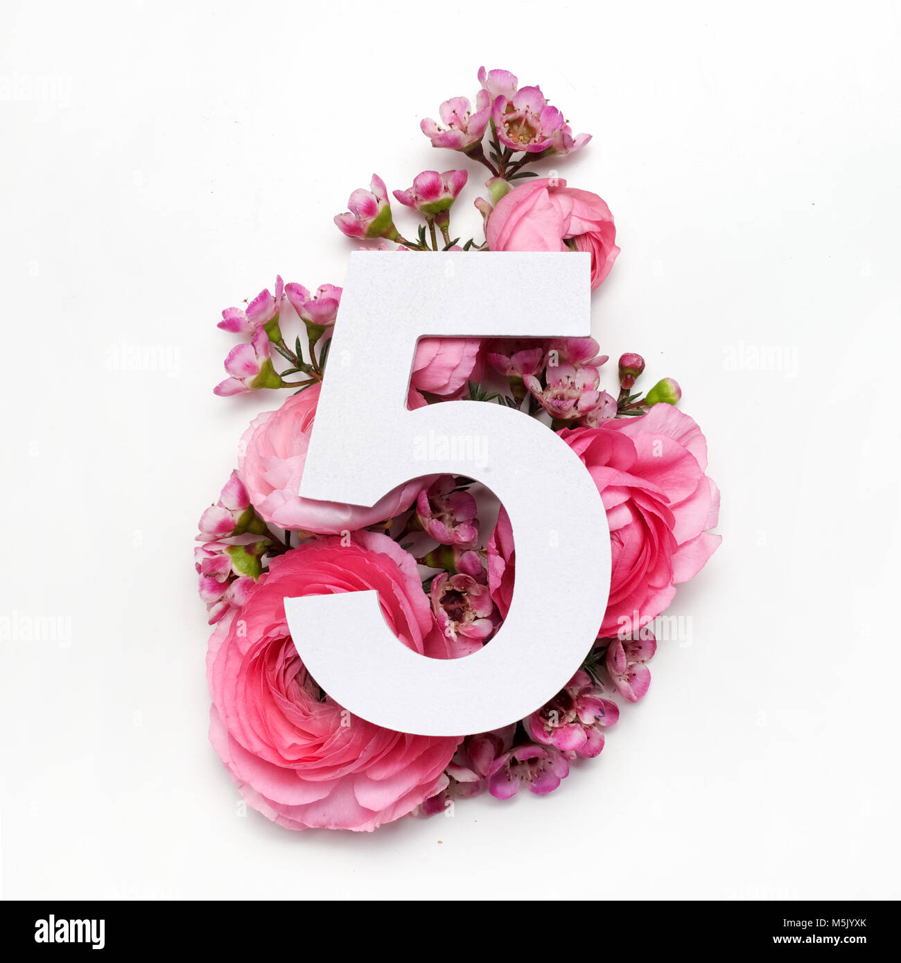 Layout with colorful flowers, leaves and number five. Flat lay Stock ...