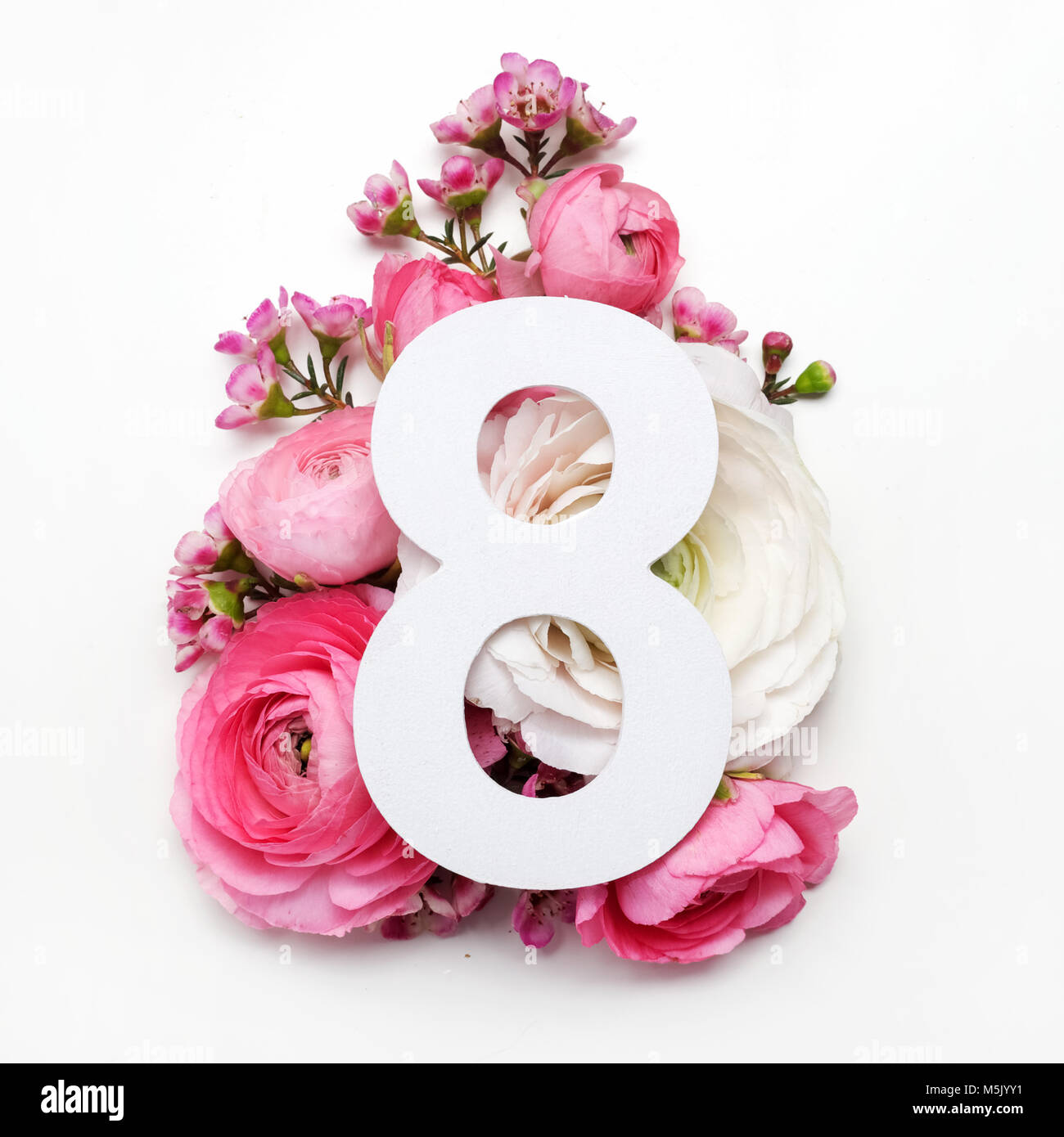 Layout with colorful flowers, leaves and number eight. Flat lay Stock ...