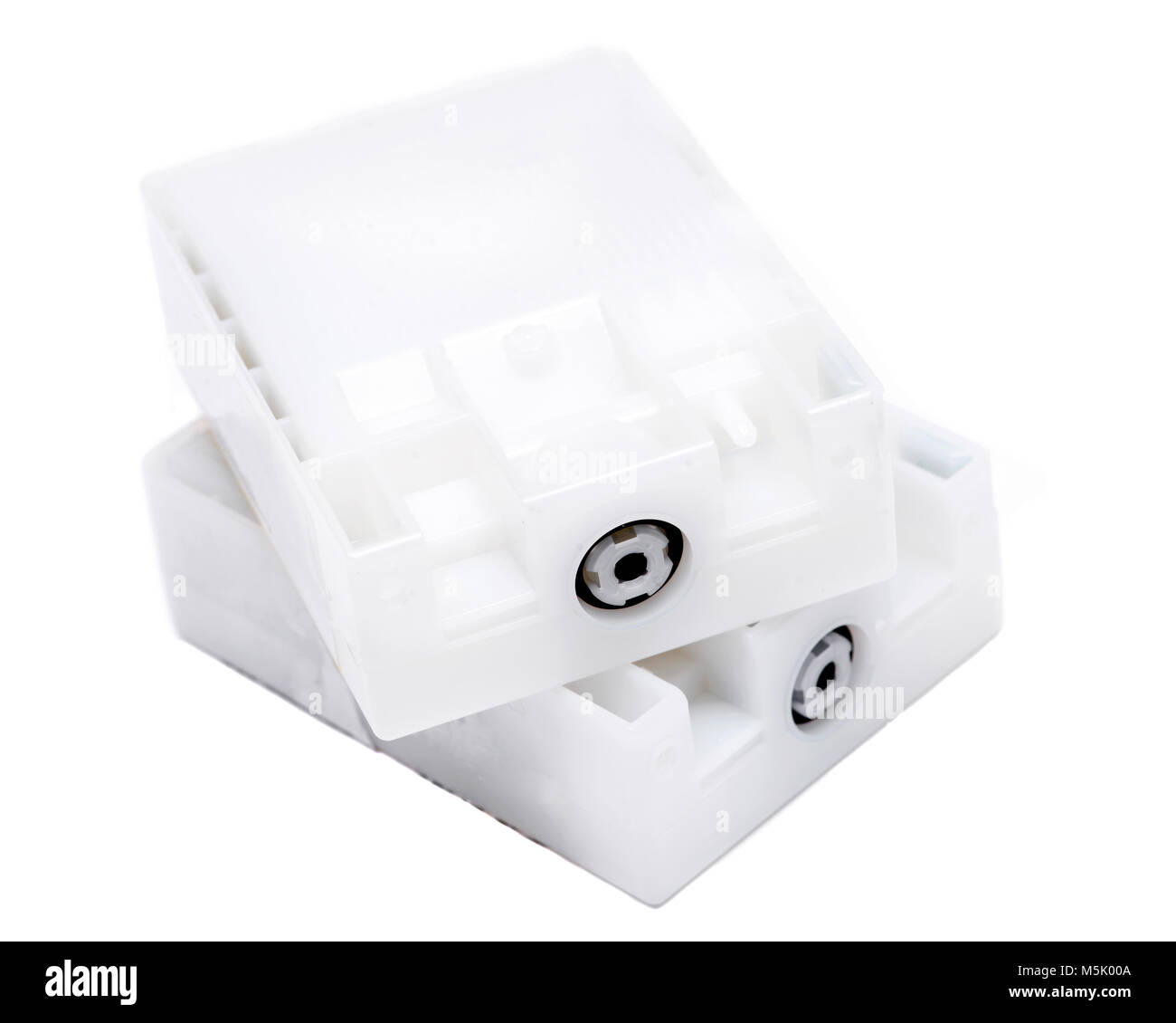 Used printing cartridges isolated on white background Stock Photo - Alamy