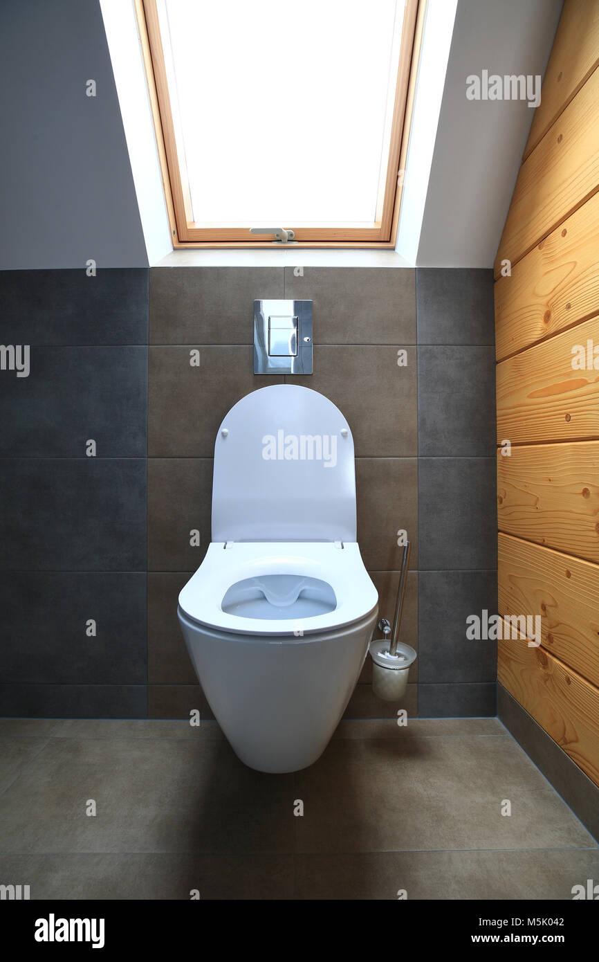 Shiny white modern toilet. Toilet with window. Toilet illuminated by ...