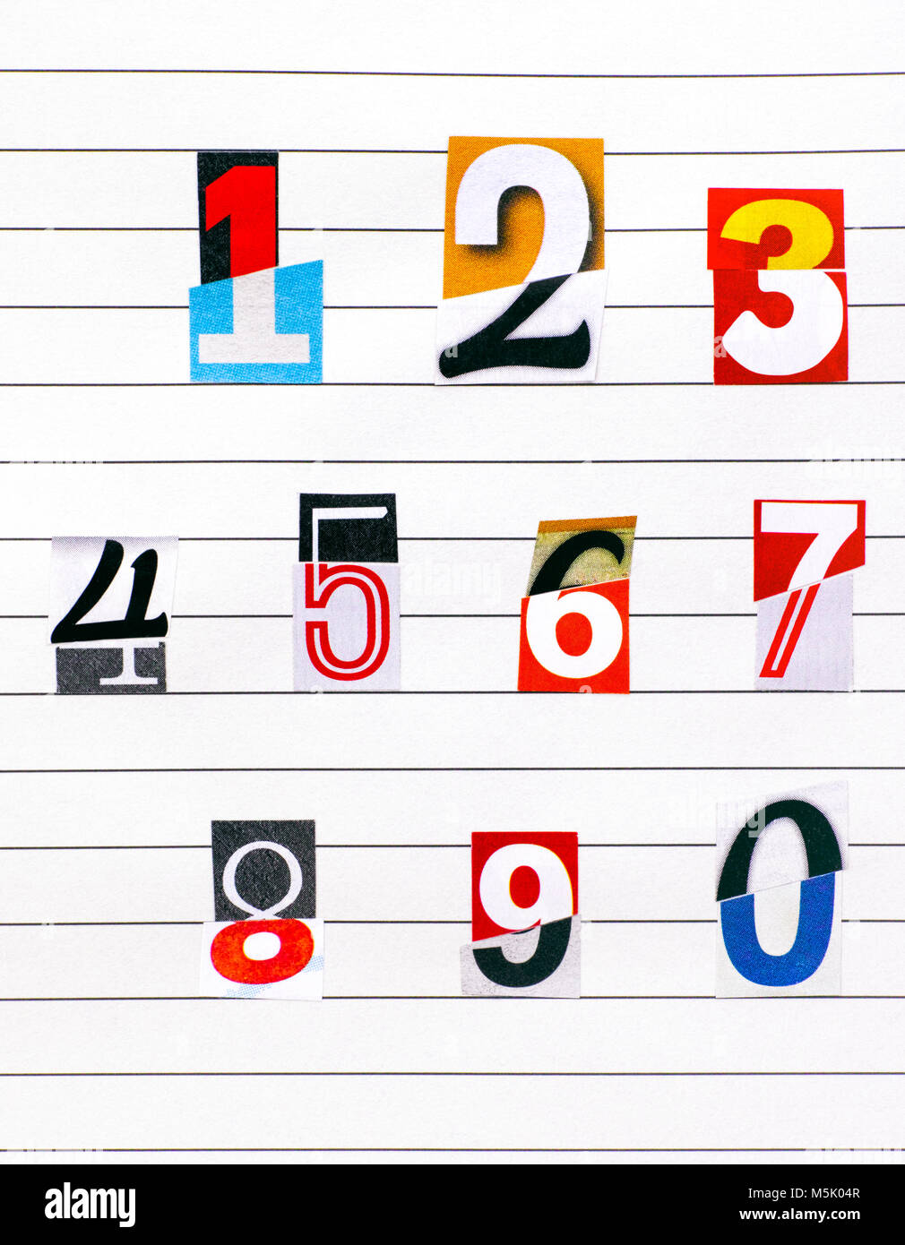 Ten numbers made from half numbers cutting from magazines on lined ...