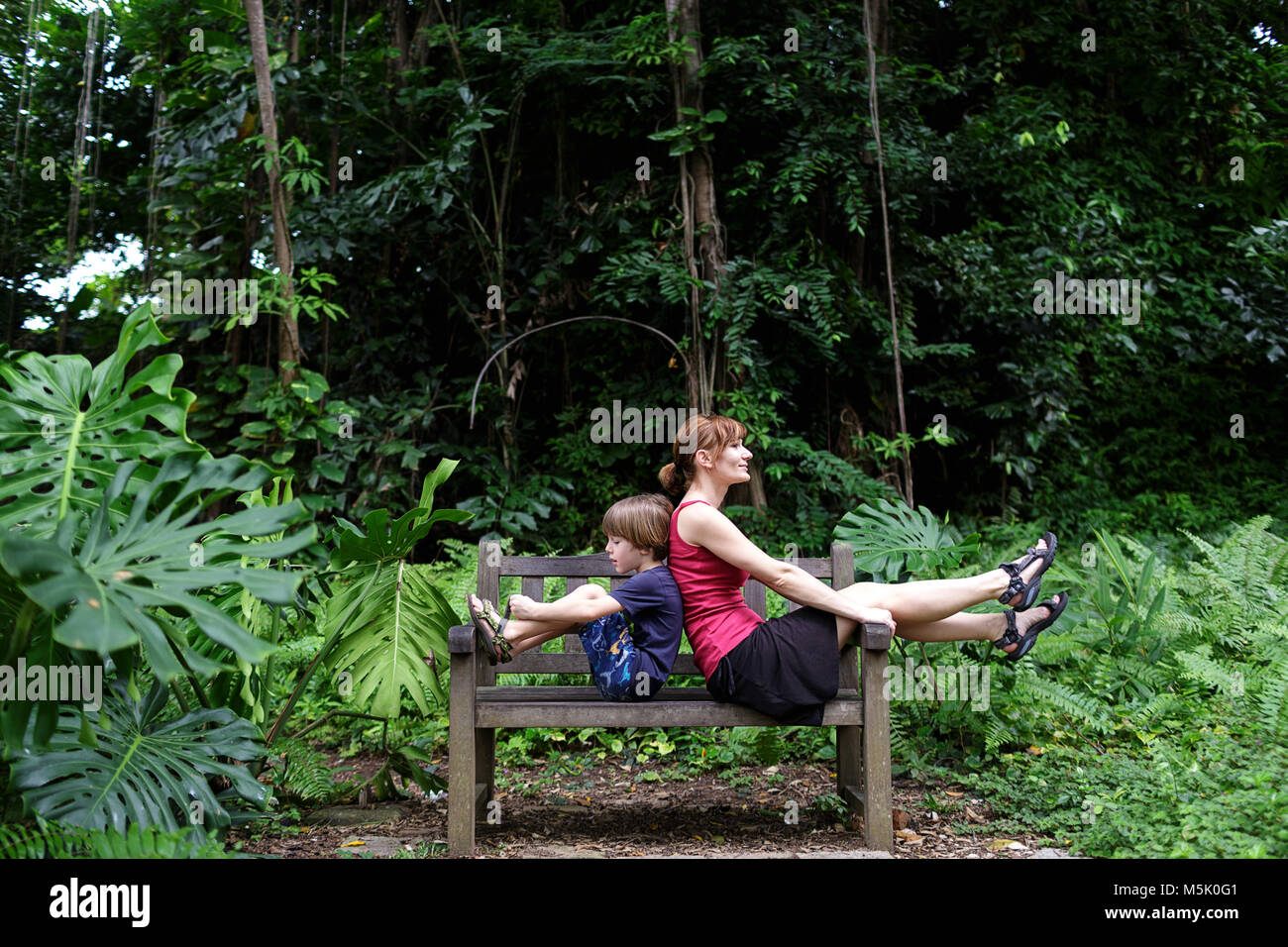 Mother and son playful sitting back to back on a wooden bench in ...