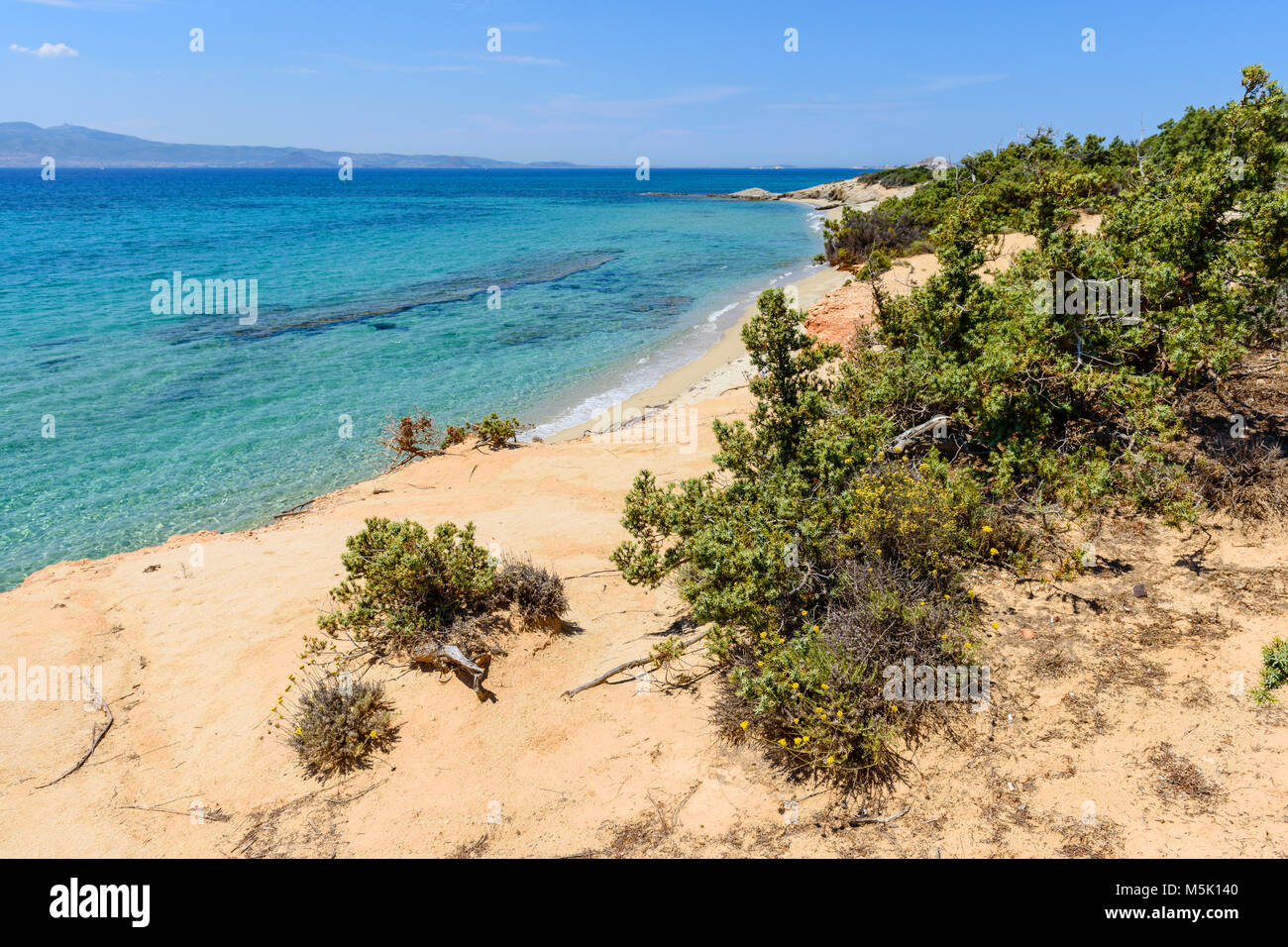 Green plants on cliff and view of sea with Aliko beach on Naxos island ...