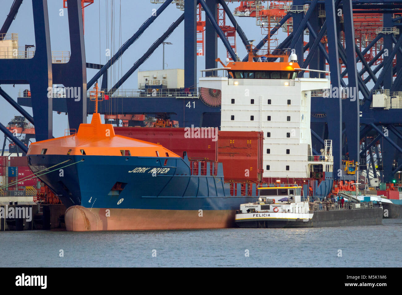 ROTTERDAM - JAN 13, 2012: Container ship moored at the ECT container ...