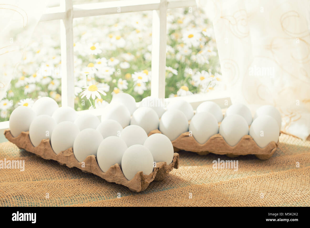 Easter shopping theme: white eggs in an egg crate on the window in a ...