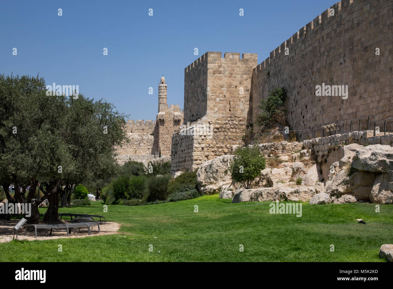 Tower of David citadel and the Old City walls of Jerusalem Stock Photo ...