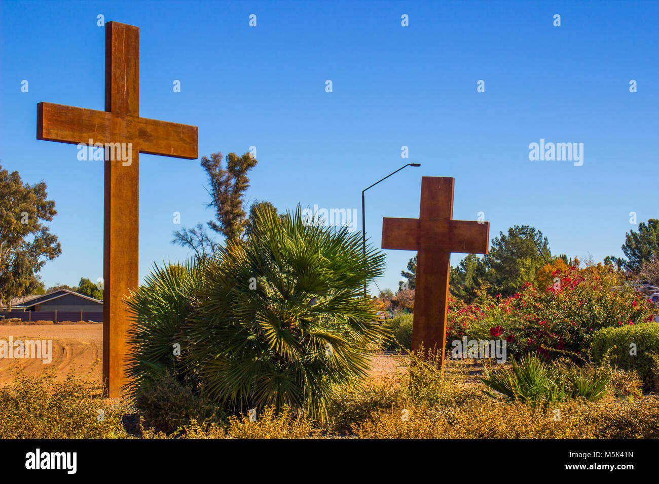 Two Wooden Crosses In Landscaping Stock Photo - Alamy