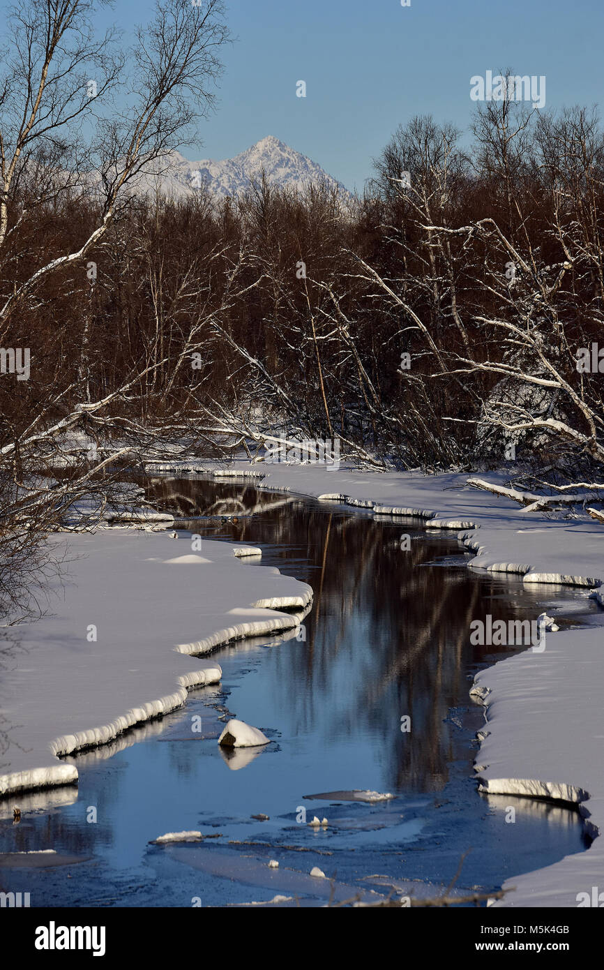 A beautiful blue sky day reflects in Cottonwood Creek near Wasilla ...