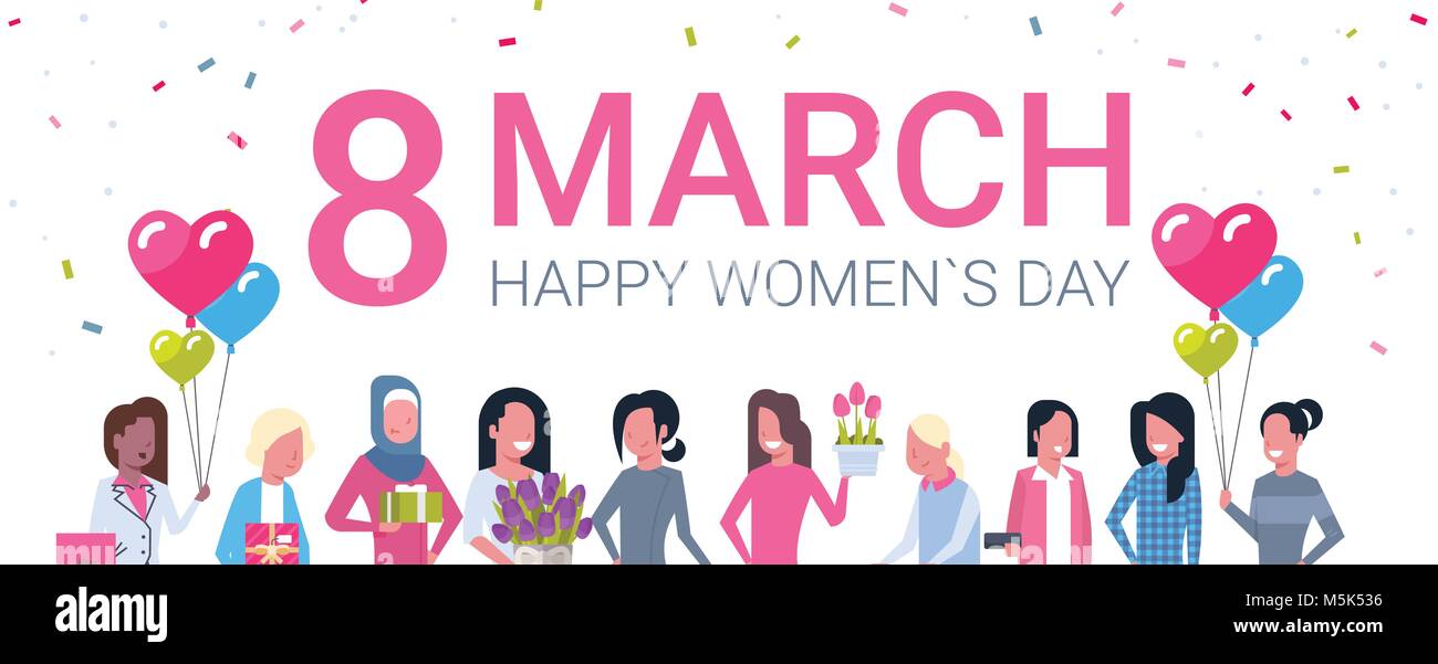 Happy Intenational Women Day Horizontal Banner Group Of Diverse Girls ...