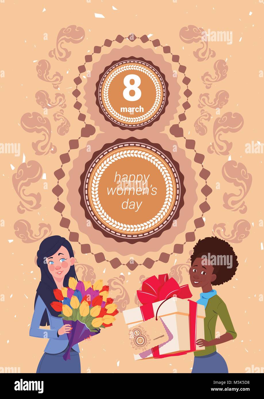 8 March Holiday Background Cute Girls Holding Gift Box And Bouquet Of ...