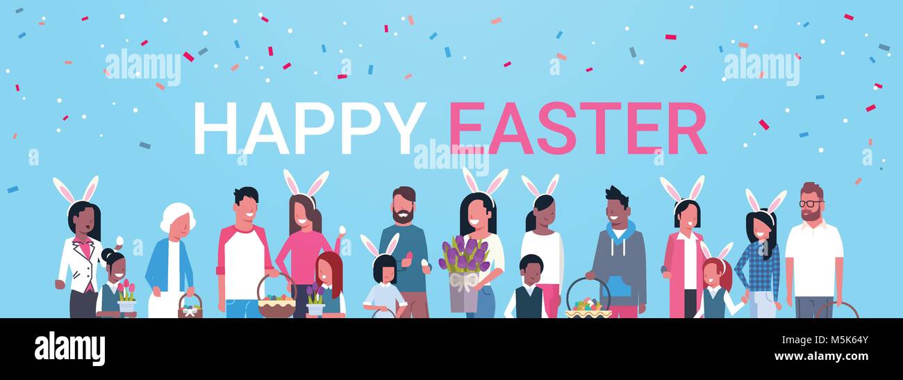 Happy Easter Poster With Group Of People Family Celebrating Spring ...