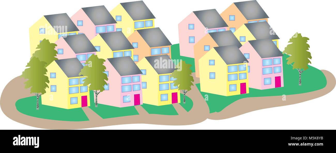 A cartoon illustration of a housing estate with houses and trees Stock ...