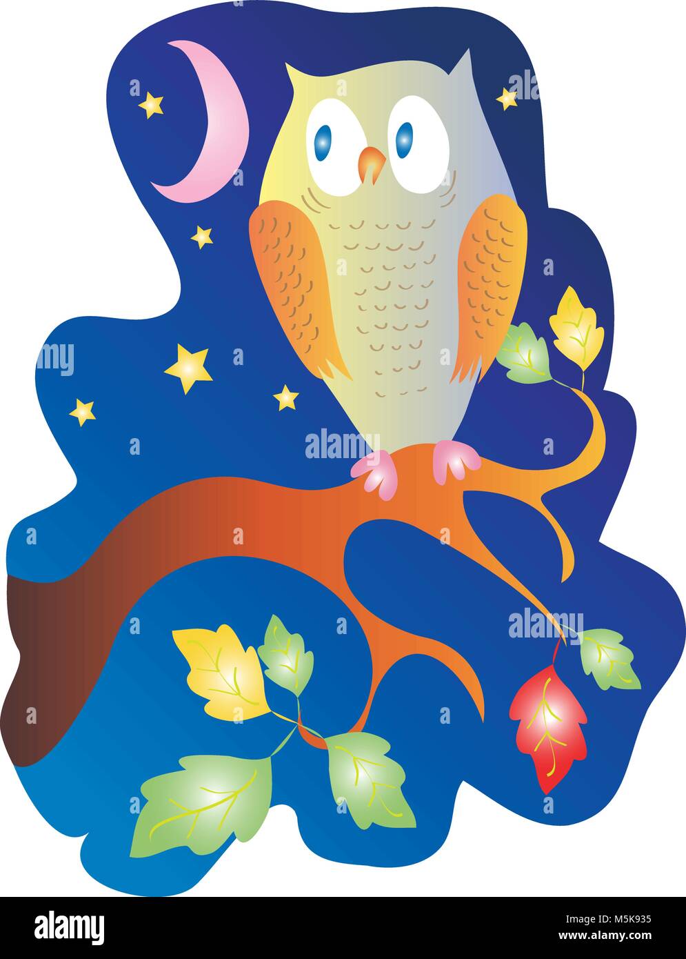 An owl perched on a tree branch with a new moon and stars Stock Vector ...