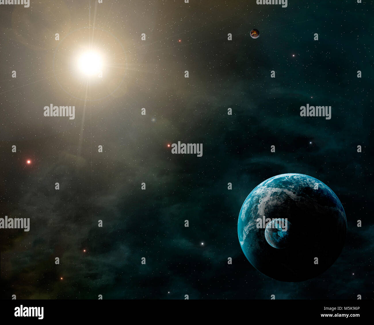 Space scene. Dark blue nebula with two planet. Elements furnished by ...