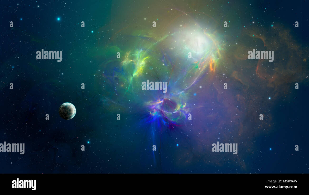 Space scene. Multi colored nebula with planet. Elements furnished by ...