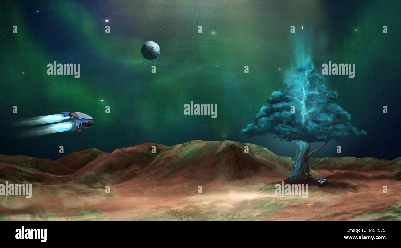 Space scene. Green nebula with planet and energy tree. Elements ...
