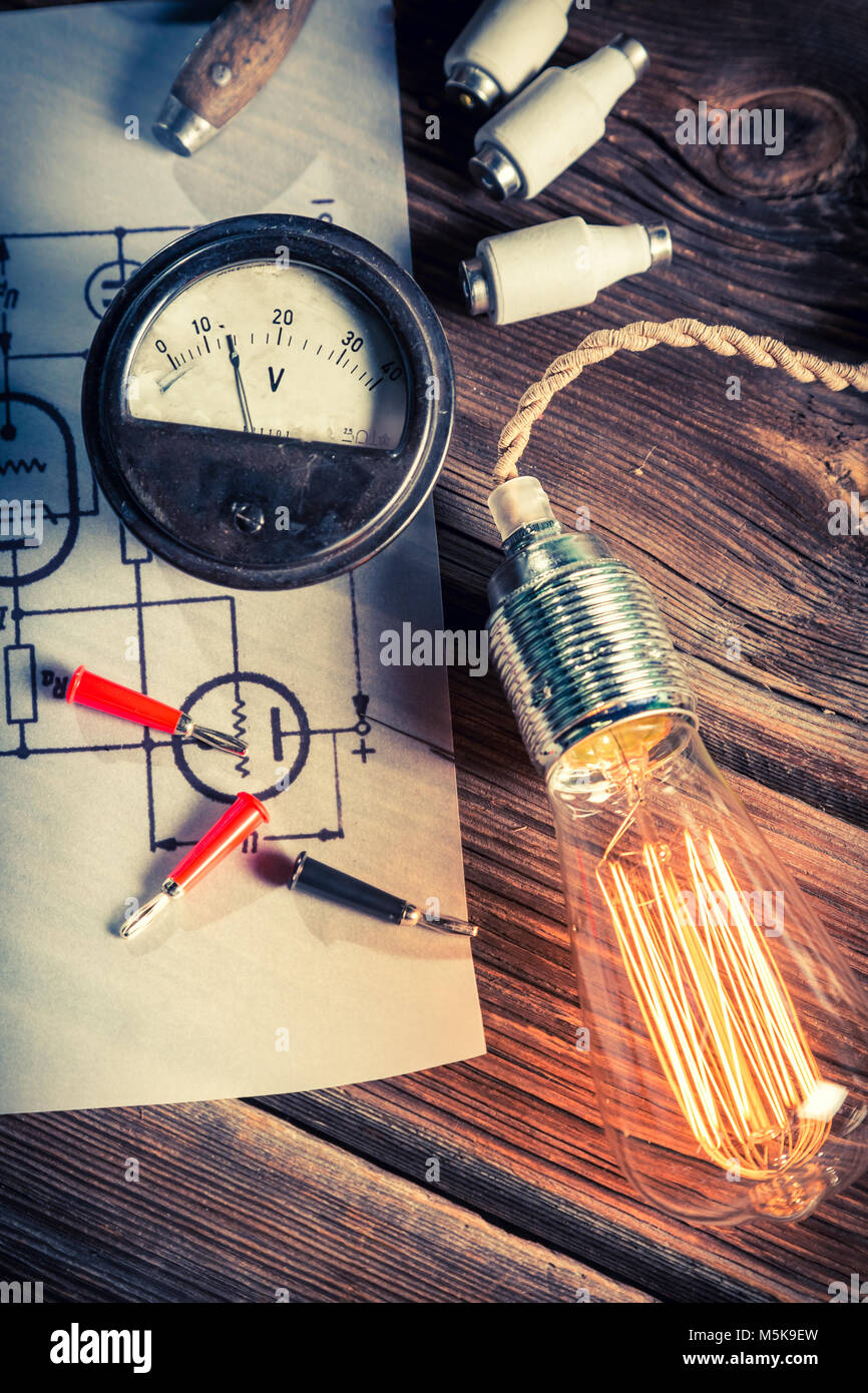 Testing power consumption by light bulb in the vintage lab Stock Photo ...