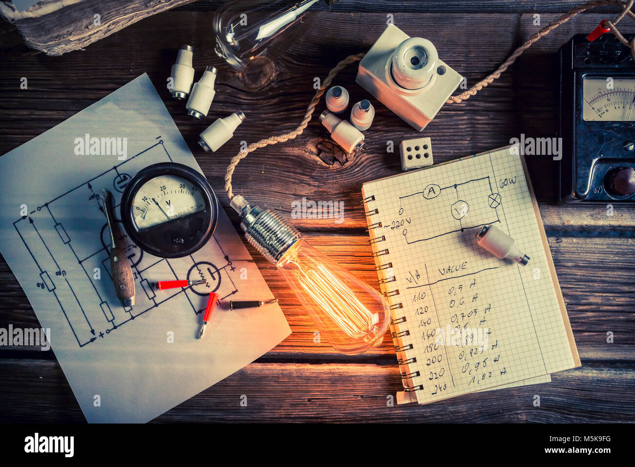 Testing Edison light bulb in the physics classroom Stock Photo - Alamy