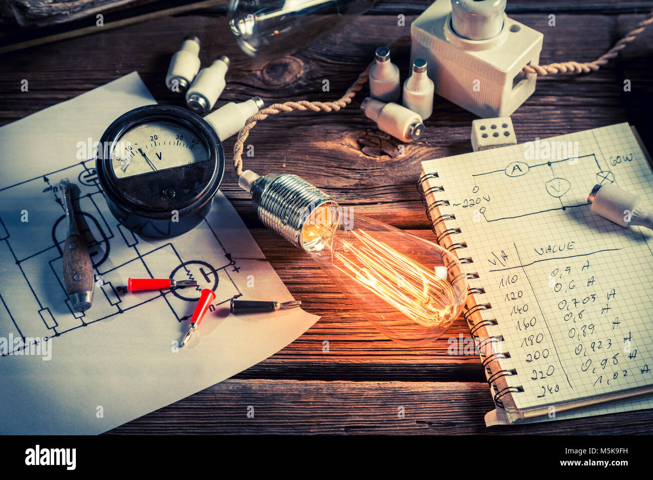 Testing power consumption by light bulb in the physics laboratory Stock ...