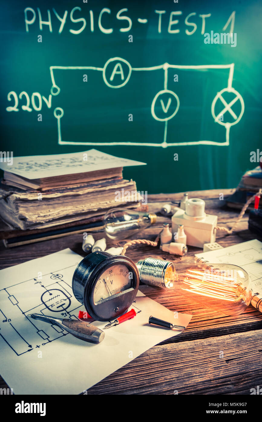 Edison light bulb, electrical components and diagrams in classroom ...
