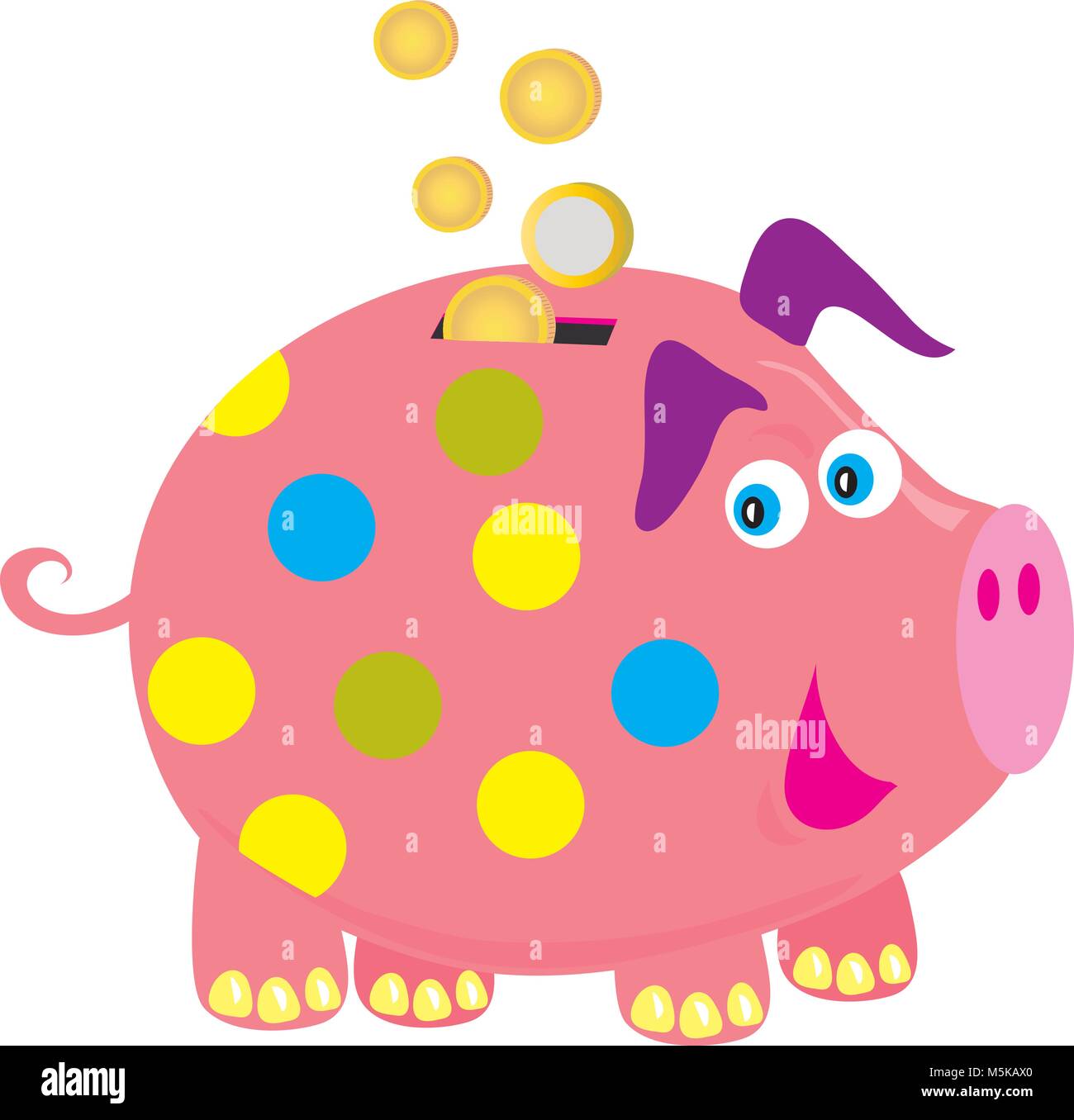 A cartoon picture of coins falling into a pink piggy bank Stock Vector ...