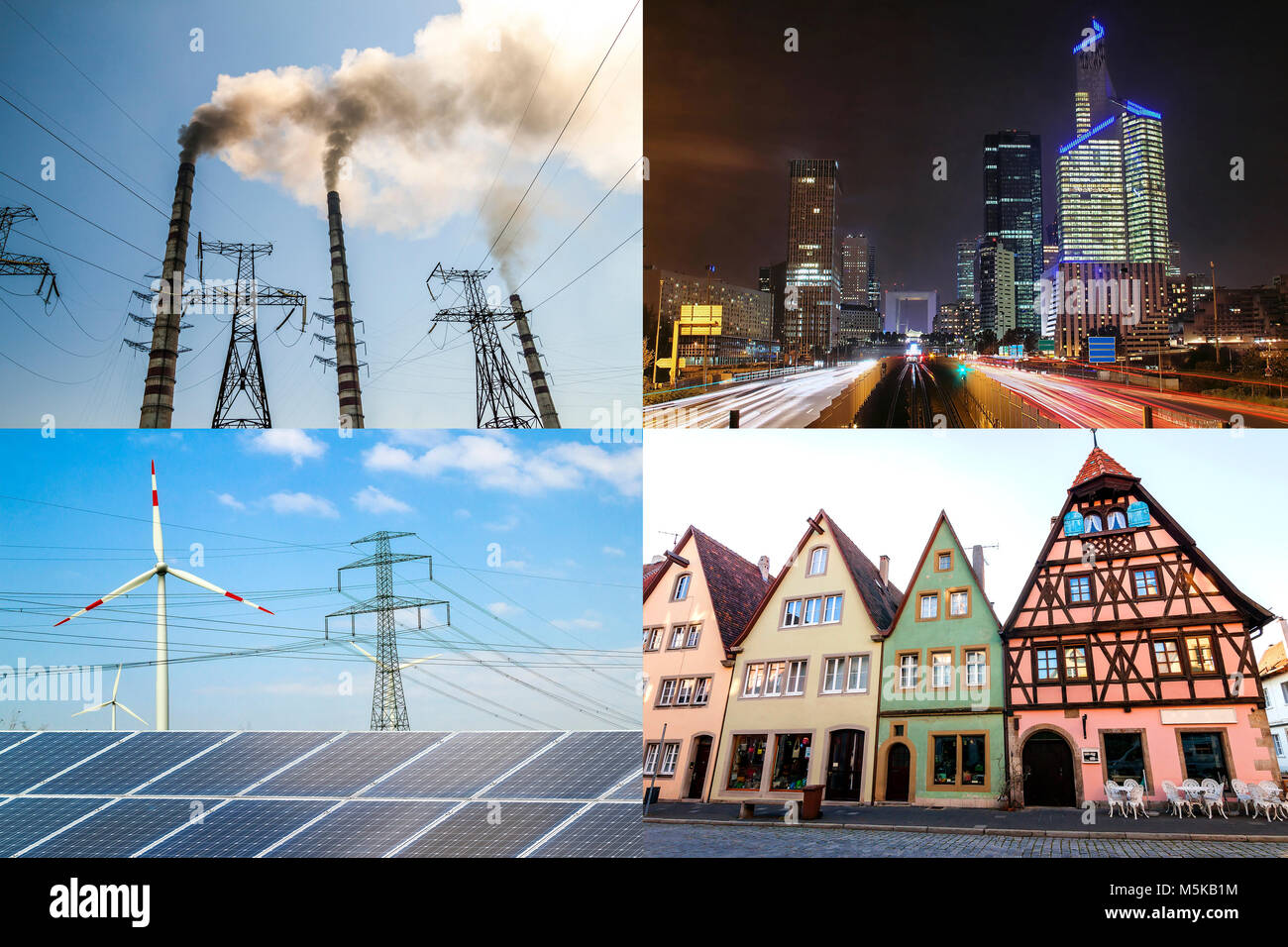 Clean vs dirty energy. Solar panels and wind turbines against fuel coal ...