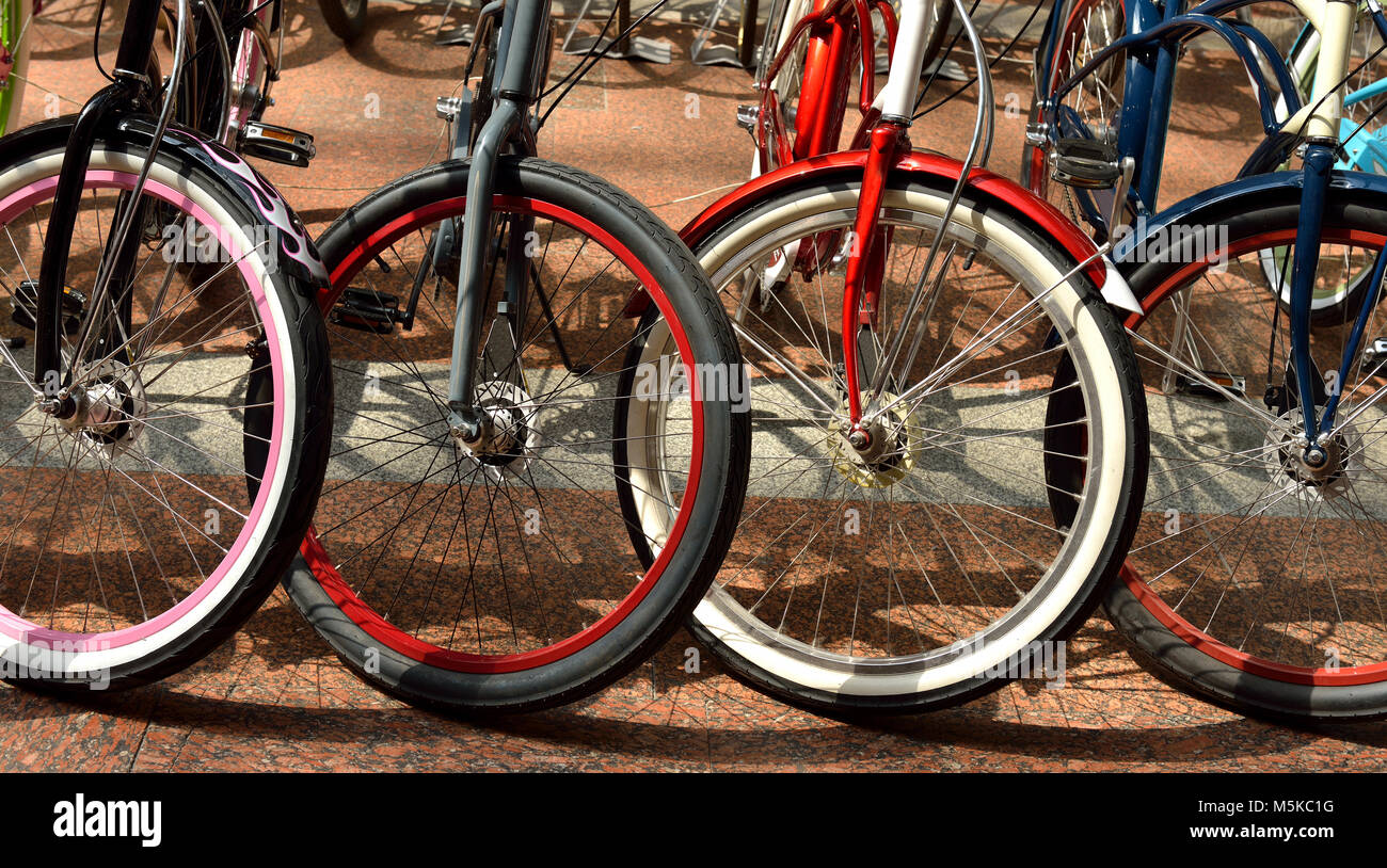 Wheels of different bicycles Stock Photo - Alamy