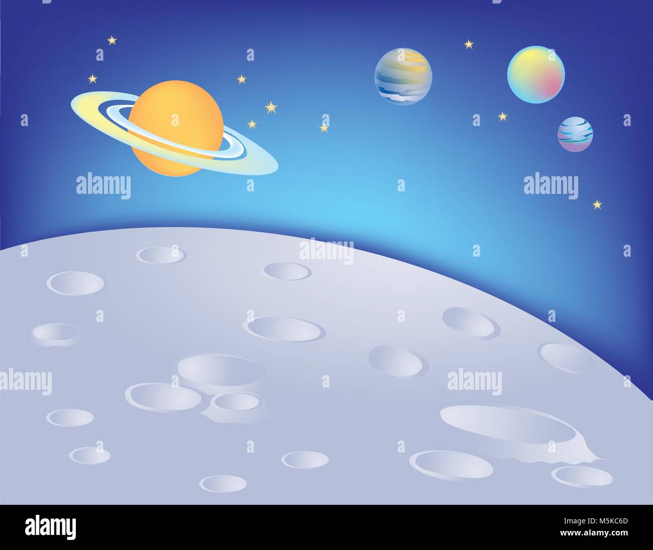 A lunar landscape with craters and planets and stars in the background ...