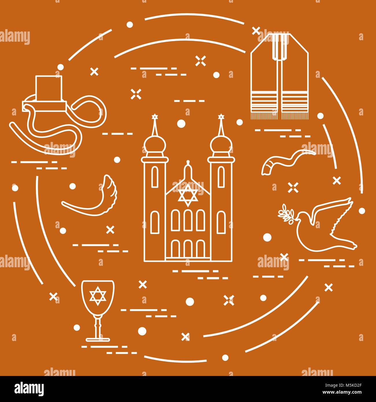 Jewish symbols: tfillin, synagogue, sheep's horn, dove, david's star ...
