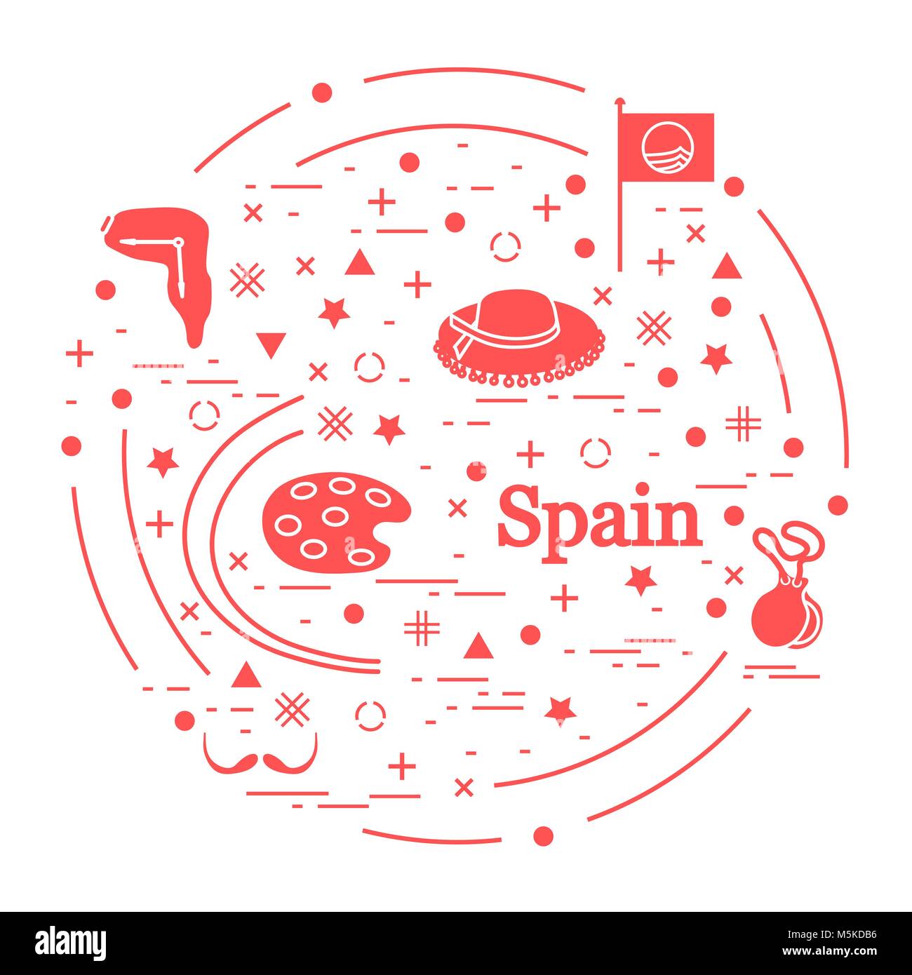 Vector illustration with various symbols of Spain arranged in a circle ...