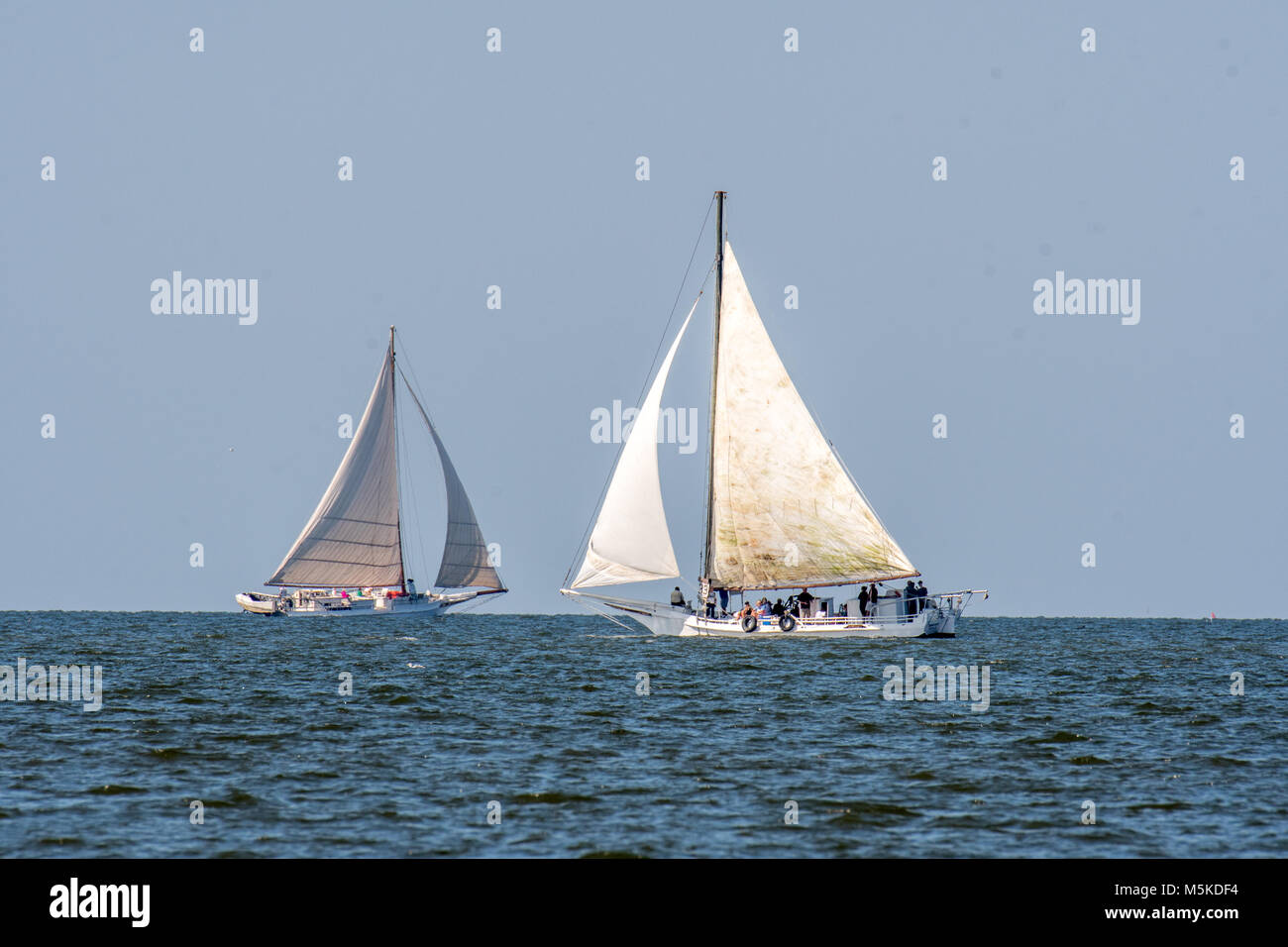 Two traditional Skipjack ships passing each other on the Chesapeake Bay ...