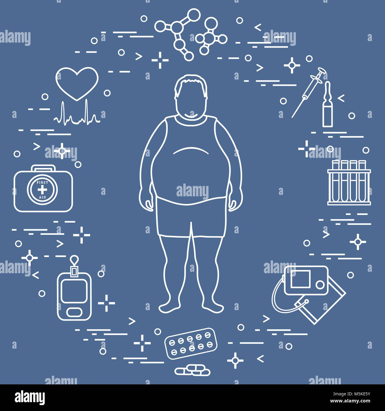 Fat man with medical devices, tools and drugs around him. Health and ...