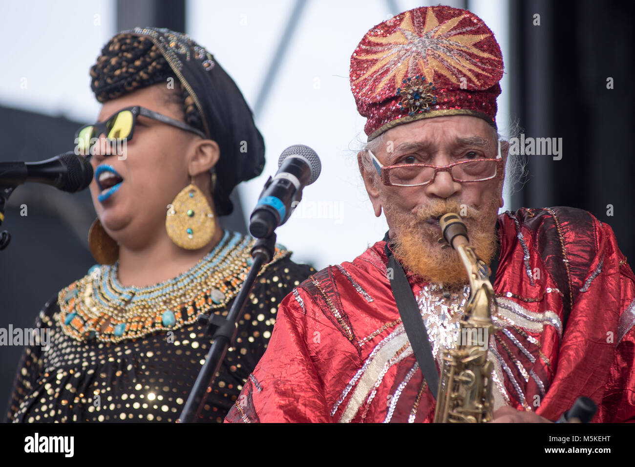 Marshall Allen, band leader for Sun Ra Arkestra, belts out on the ...