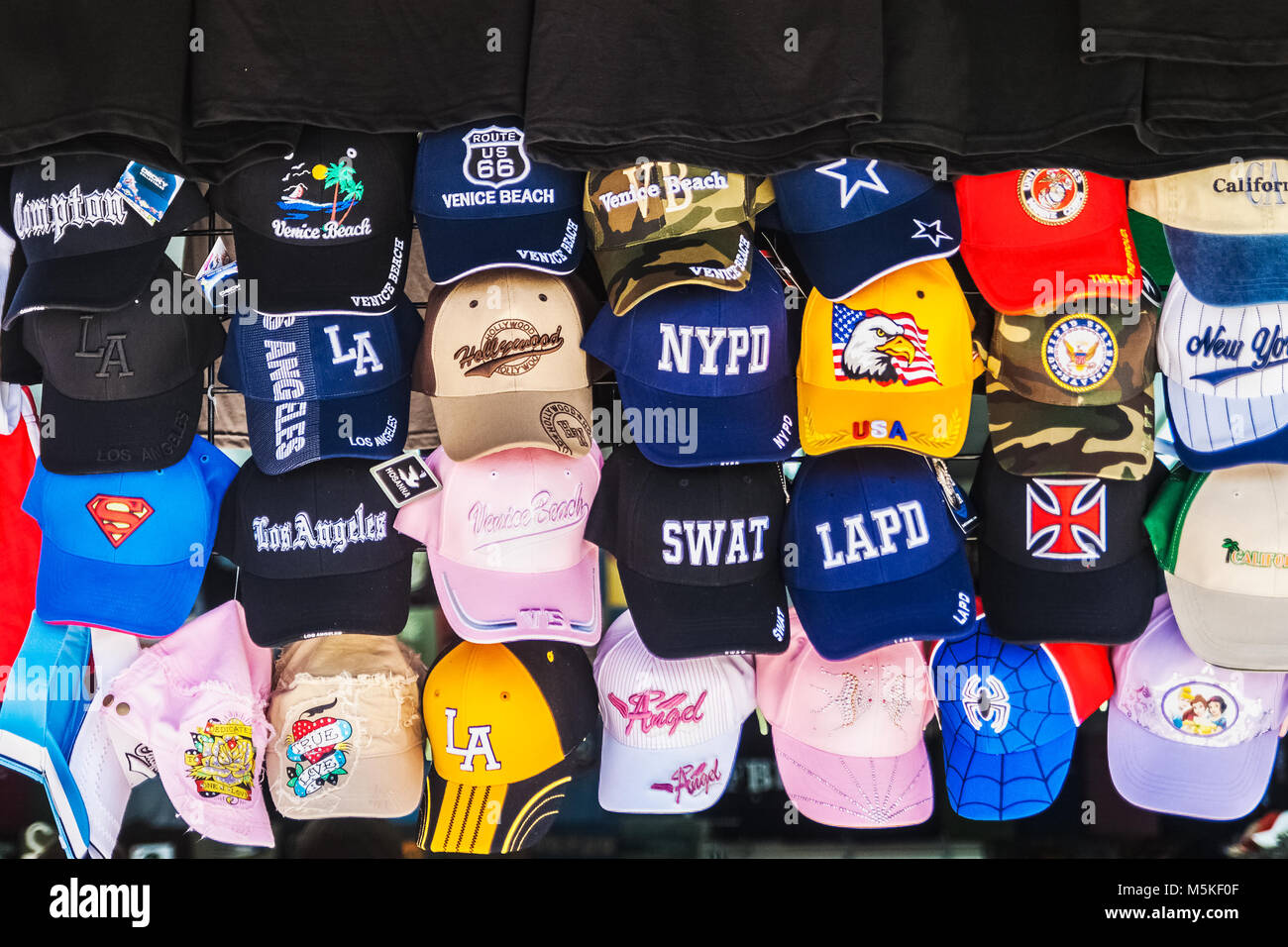 Display of many different caps in a store along the boardwalk of Venice ...