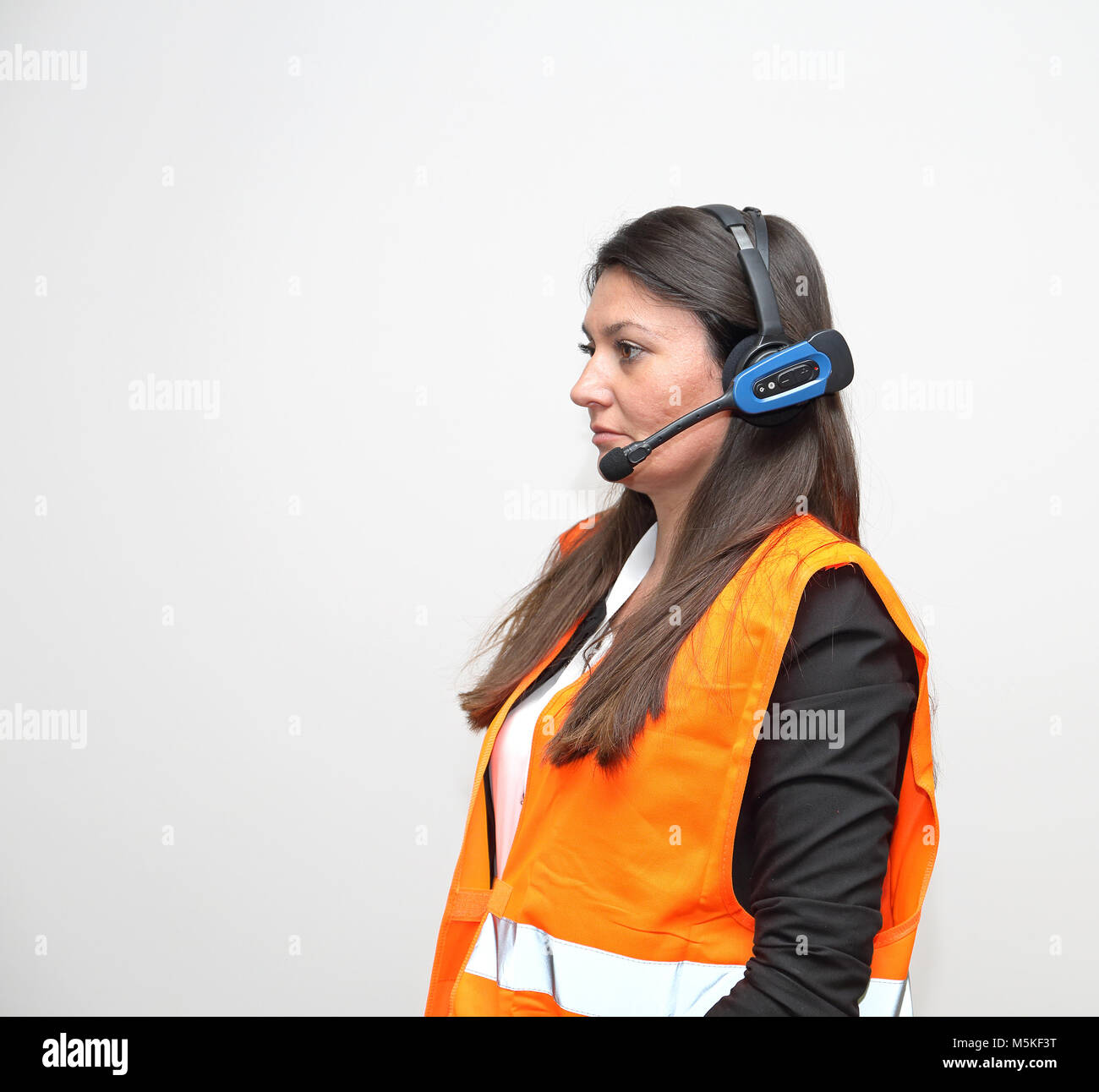 Brunette Woman With Wireless Headset Voice Picking System Control Stock ...