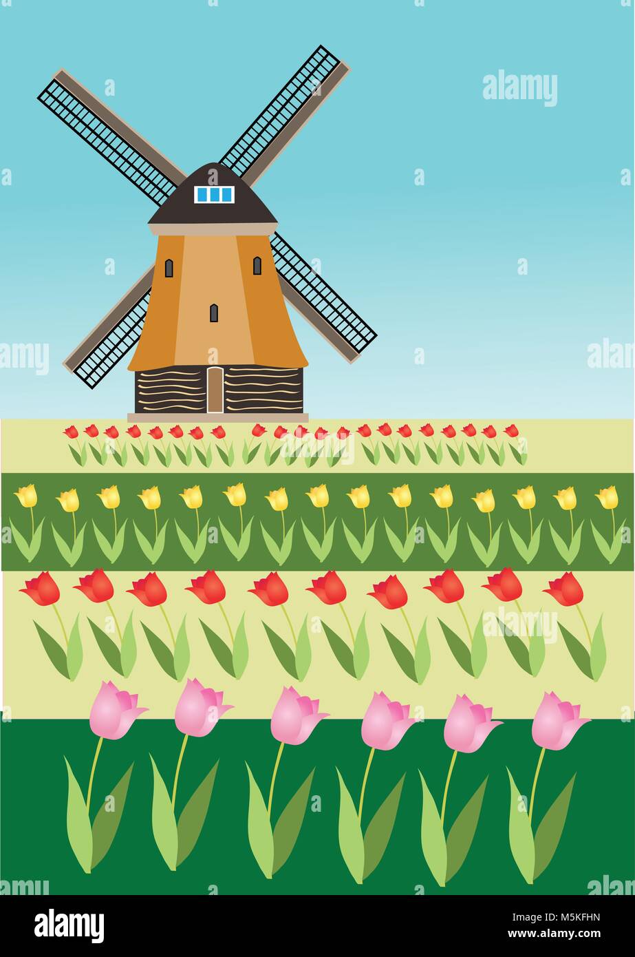 A cartoon colorful tulip field with a traditional windmill in the ...