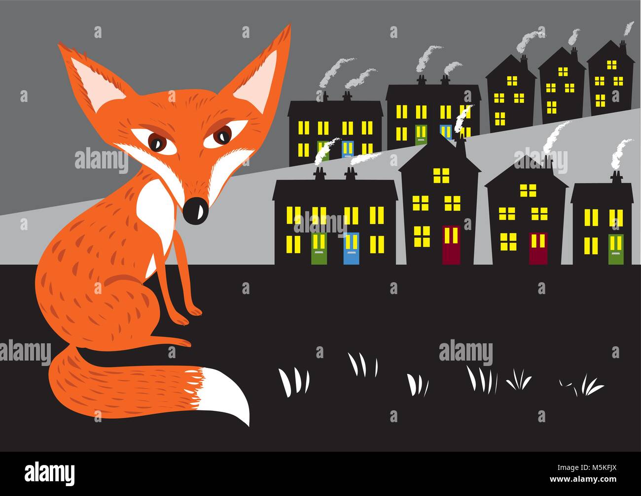 An stylized urban red fox sits on some waste ground waiting. It's night ...