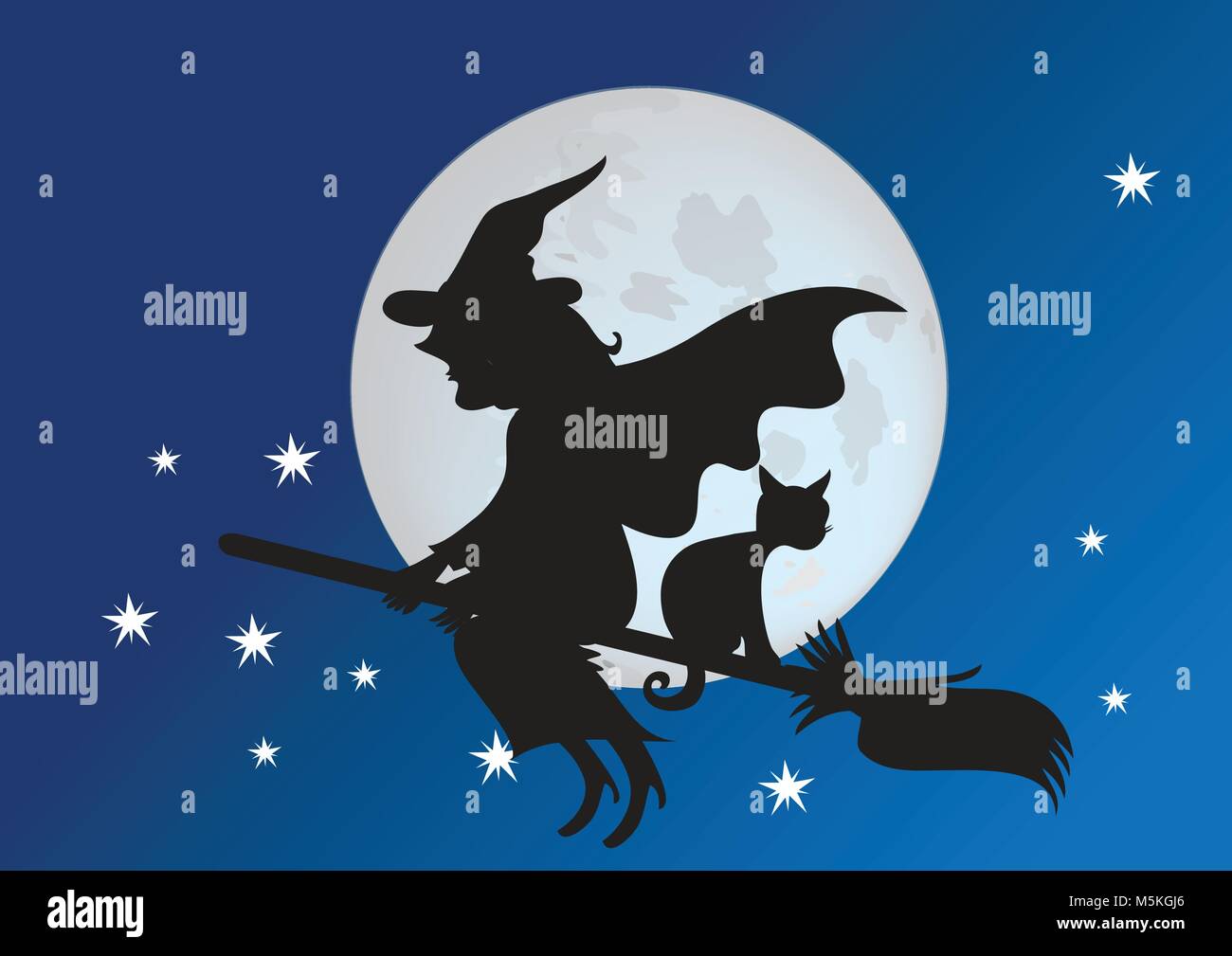 cartoon witch flying on a broomstick with her cat and a full moon ...