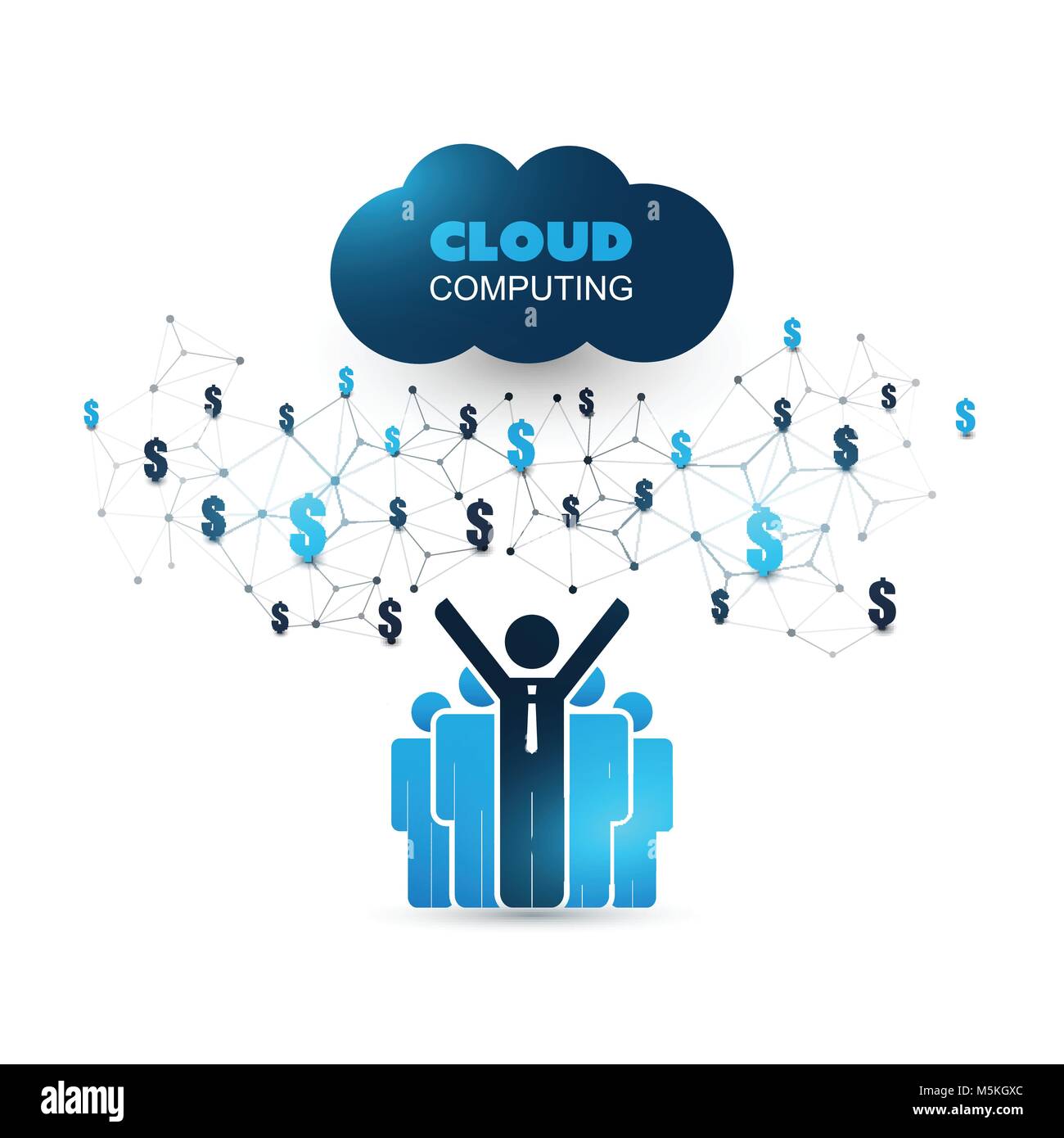 Blue Cloud Computing Design Concept with Standing Businessmen and Icons - Digital Network ...