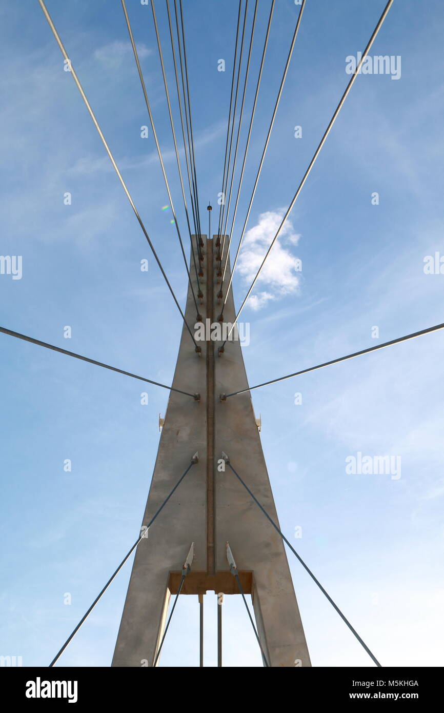 Detail of the structure of a bridge secured with steel cables Stock ...
