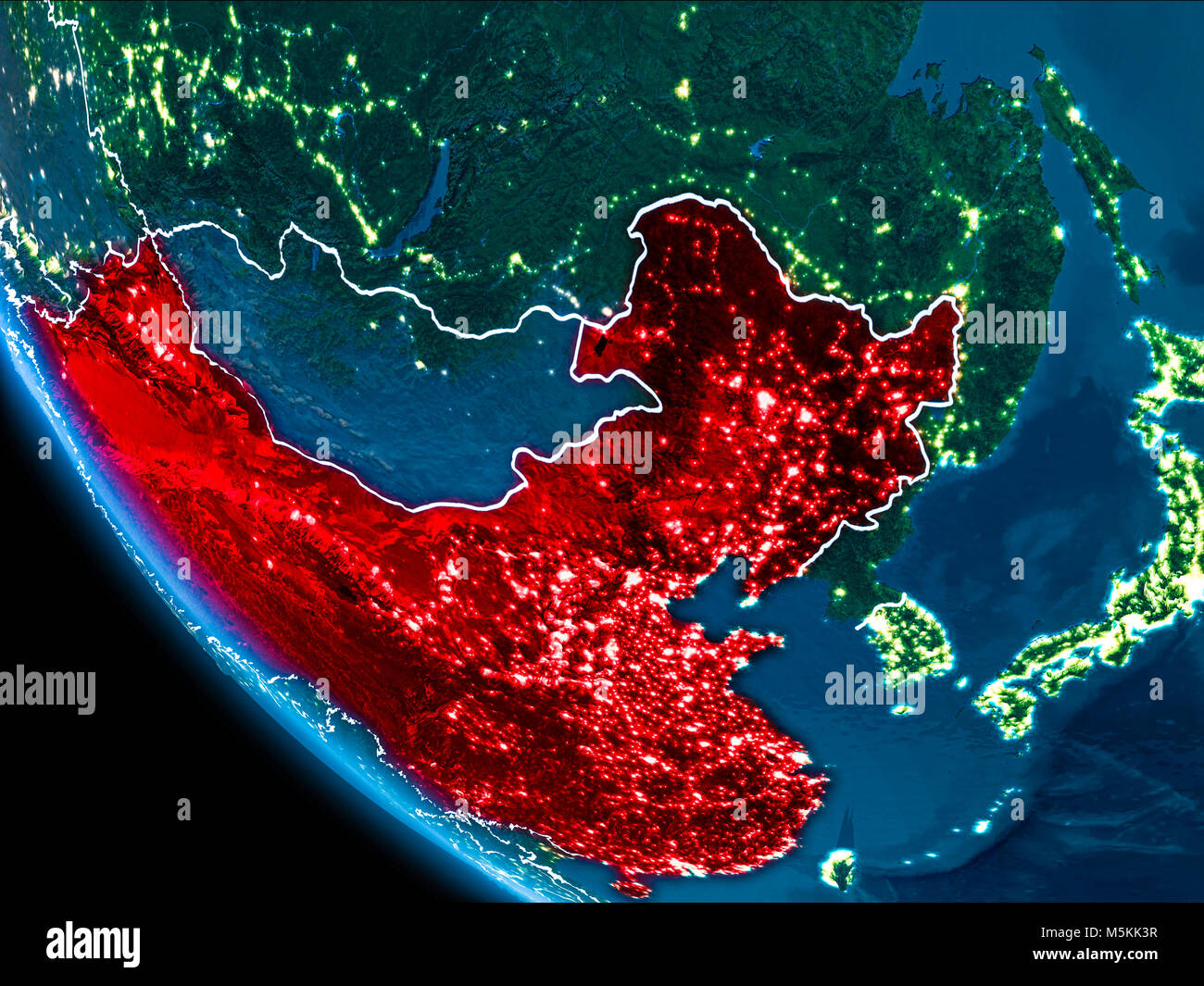 Map of China in red as seen from space on planet Earth at night with ...